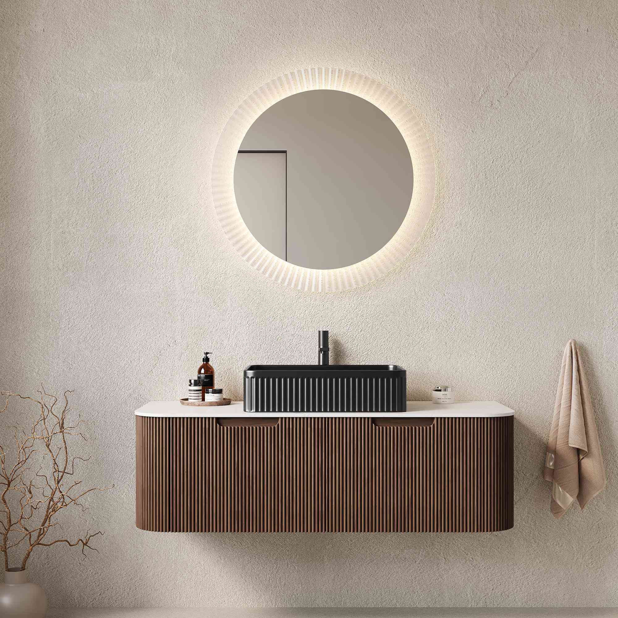 Ivy Bronx 48" Bathroom Vanity with Sink, Wall-Mounted Curved Edges Striped Bathroom Storage ...